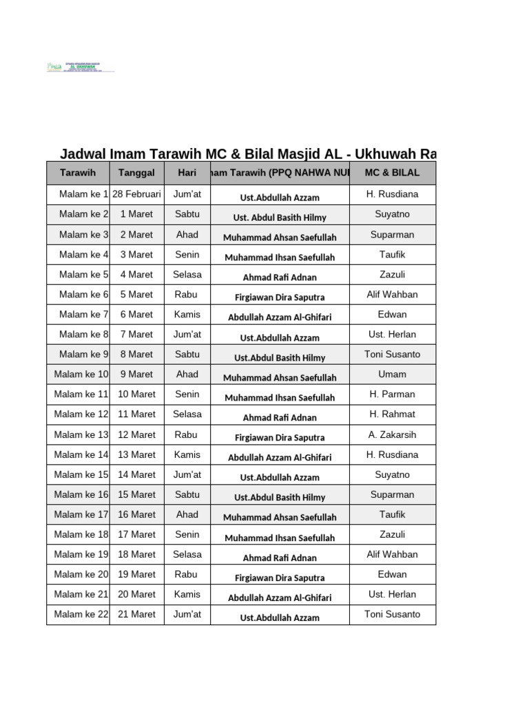 Jadwal Imam Tarawih Masjid Al-Ukhuwah Ramadhan 1446h | PDF