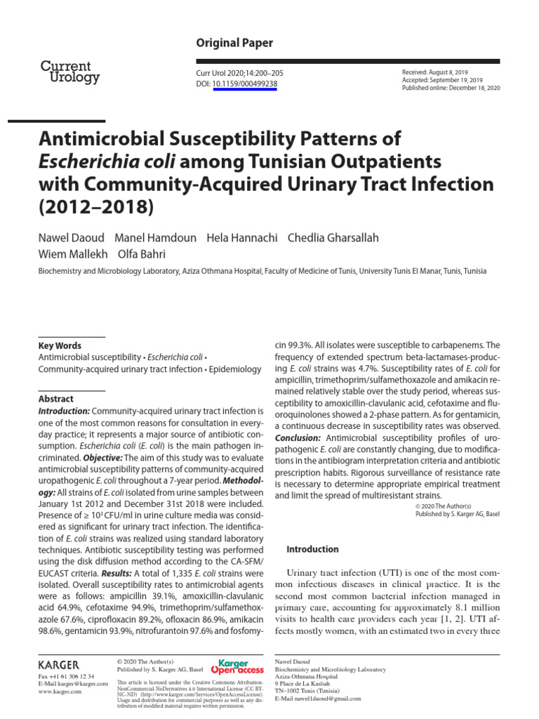 4.Antimicrobial Susceptibility Patterns of Escherichia coli among Tunisian Outpatients with ...
