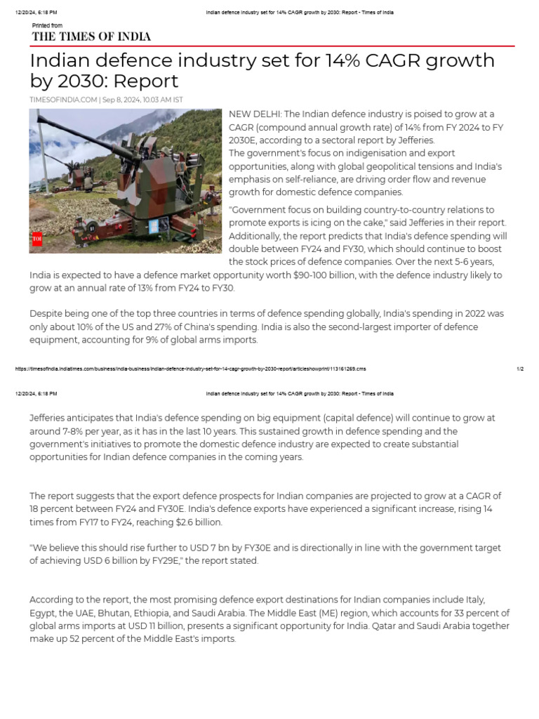 Indian Defence Industry to Grow 14% CAGR | PDF | Arms Industry | Exports