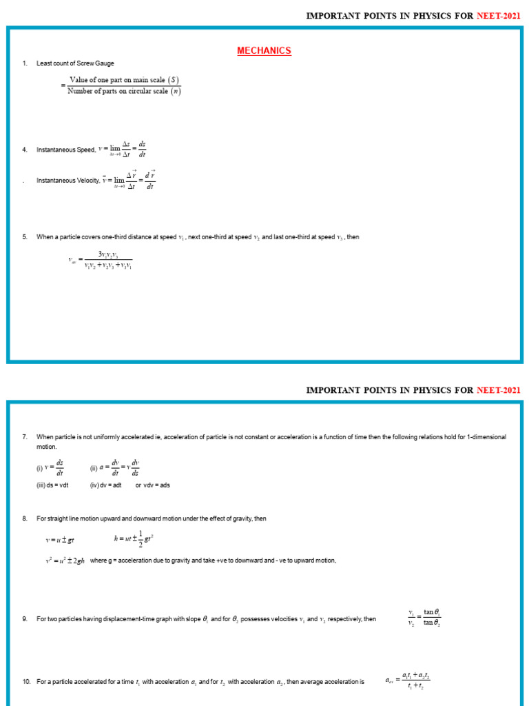 Importants Physics Formula NEET | PDF | Acceleration | Force