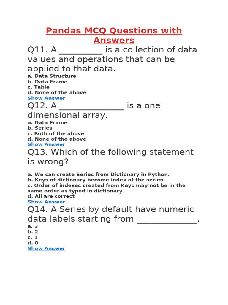 Pandas MCQ Questions With Answers | PDF | Computer Programming | Software Engineering