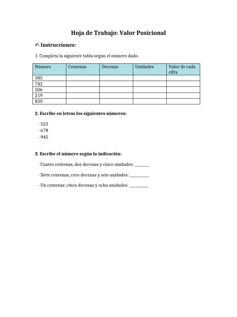 Hoja de Trabajo Valor Posicional | PDF