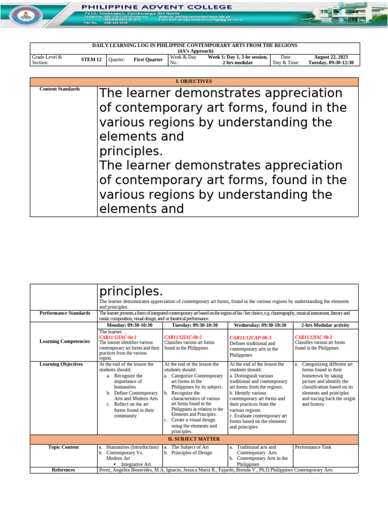 Philippine Contemporary Arts Learning Log | PDF | Humanities | Learning