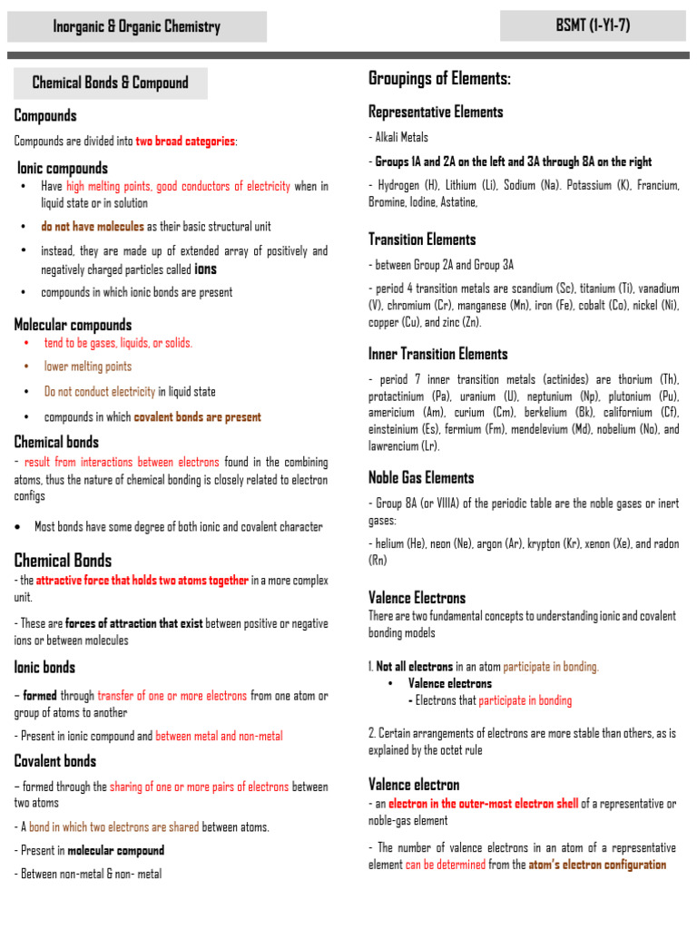 Inorganic & Organic Chem (Lecture) - Chemical Bonds & Compounds | PDF ...