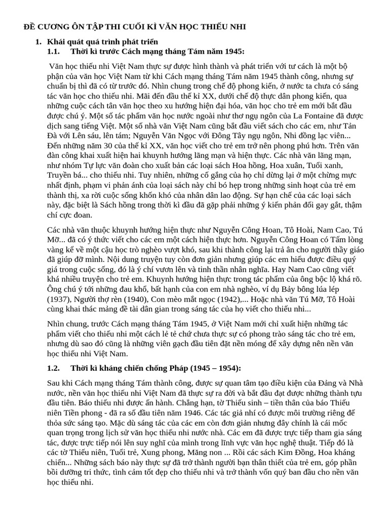 ĐỀ CƯƠNG ÔN TẬP THI CUỐI KÌ VĂN HỌC THIẾU NHI | PDF