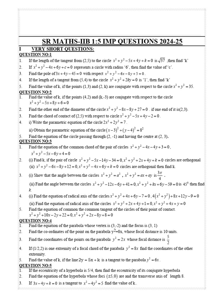 SR_MATHS IIB_IMP QUESTIONS-2024-25 by Suresh nellore | PDF | Ellipse | Circle
