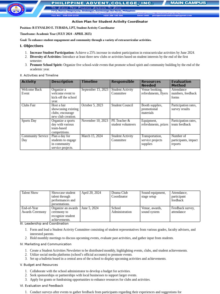 Student Activity Coordinator Action Plan | PDF