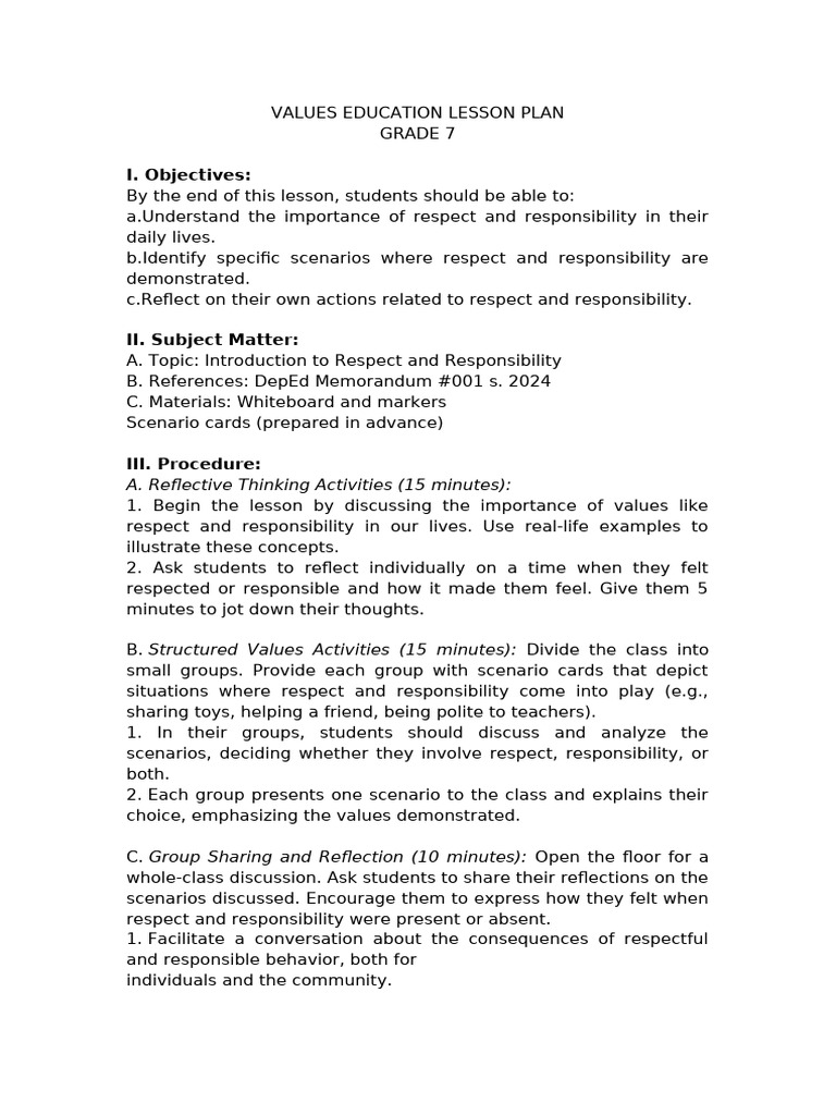 Values Education Lesson Plan | PDF