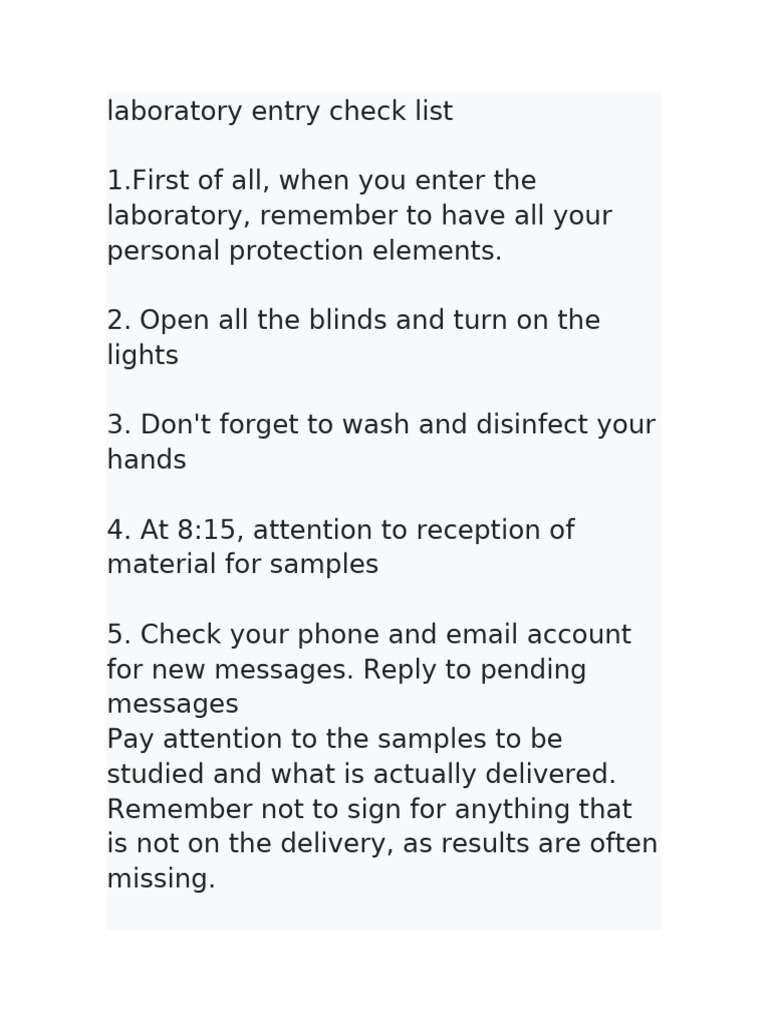 Laboratory Entry Check List | PDF
