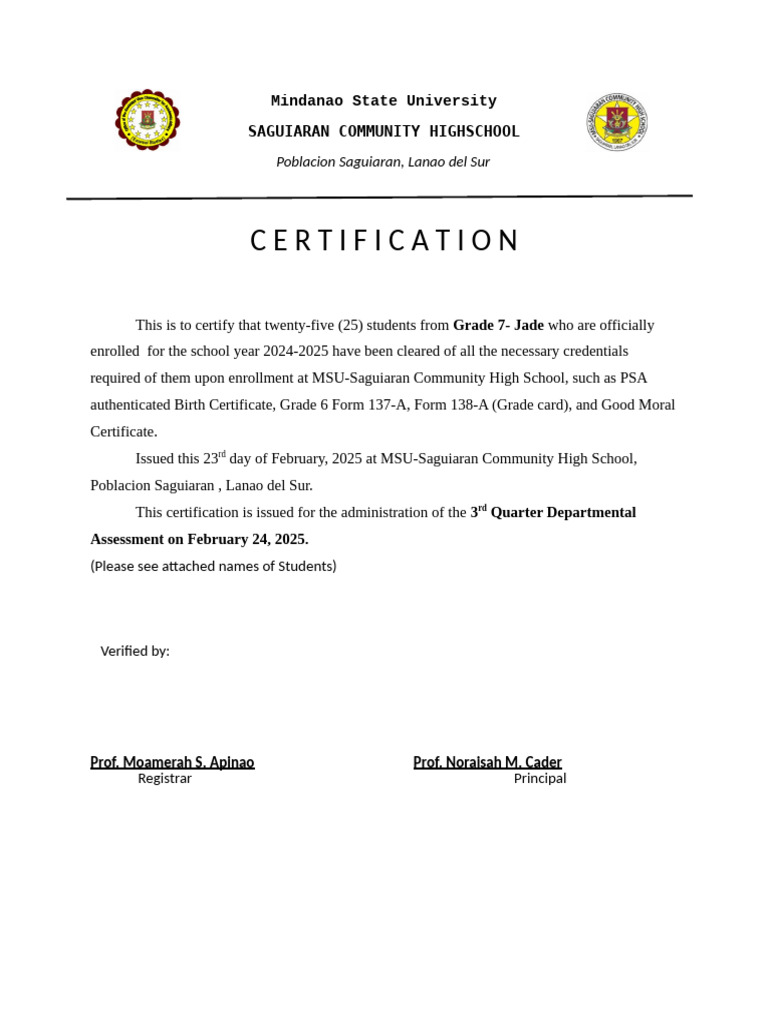 Certification of Grade 7 Enrollment | PDF