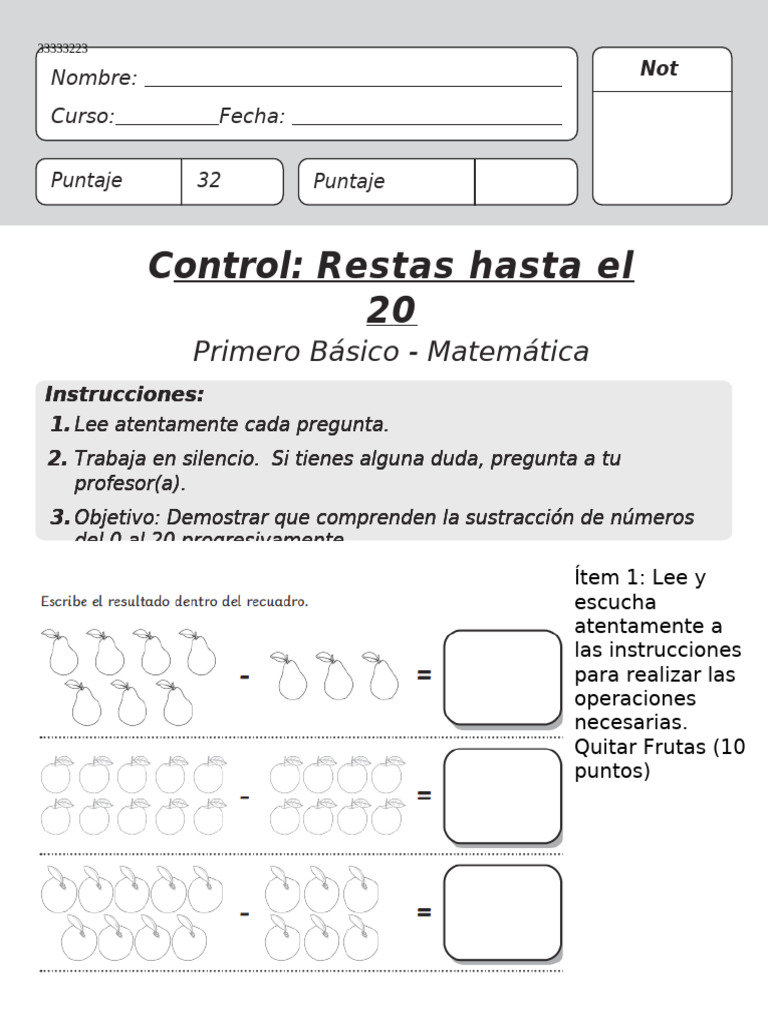 Prueba de Restas hasta el 20 | PDF