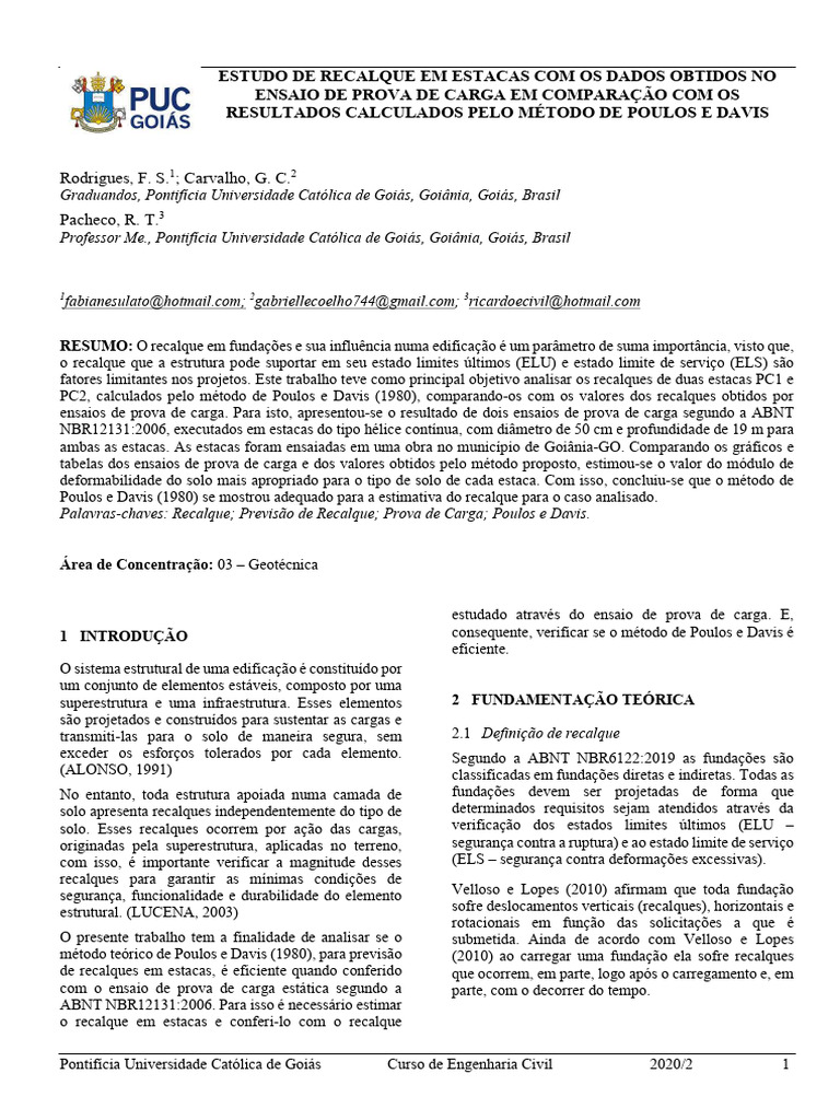 Análise de Recalque em Estacas PC1 e PC2 | PDF | Estresse (Mecânica ...