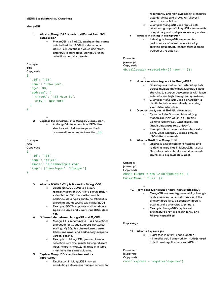 4.1 answers- top 200 mern interview questions | PDF | Mongo Db | Java Script