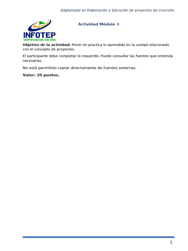 Actividad Modulo 3 Diplomado en Elaboración y Ejecución de Proyectos de Inversión | PDF