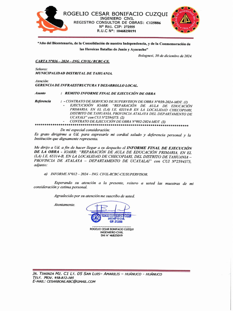 Informe Final de Obra | PDF