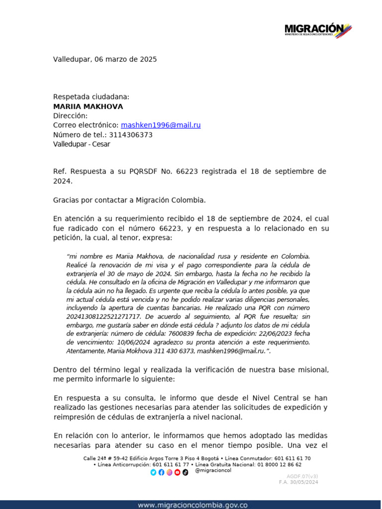 Respuesta MARIIA MAKHOVA PQRSDF No. 66223 | PDF