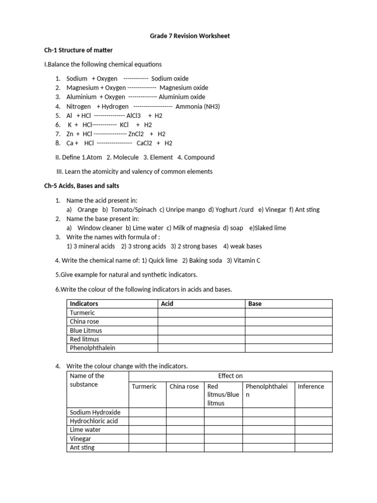 Grade 7 Science Revision Worksheet | PDF | Acid | Chemical Reactions