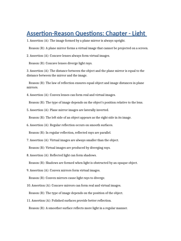 Light Assertion Reason Questions Grade7 | PDF | Mirror | Optics