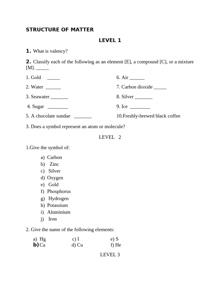 STRUCTURE OF MATTER Revision Worksheet (1) | PDF