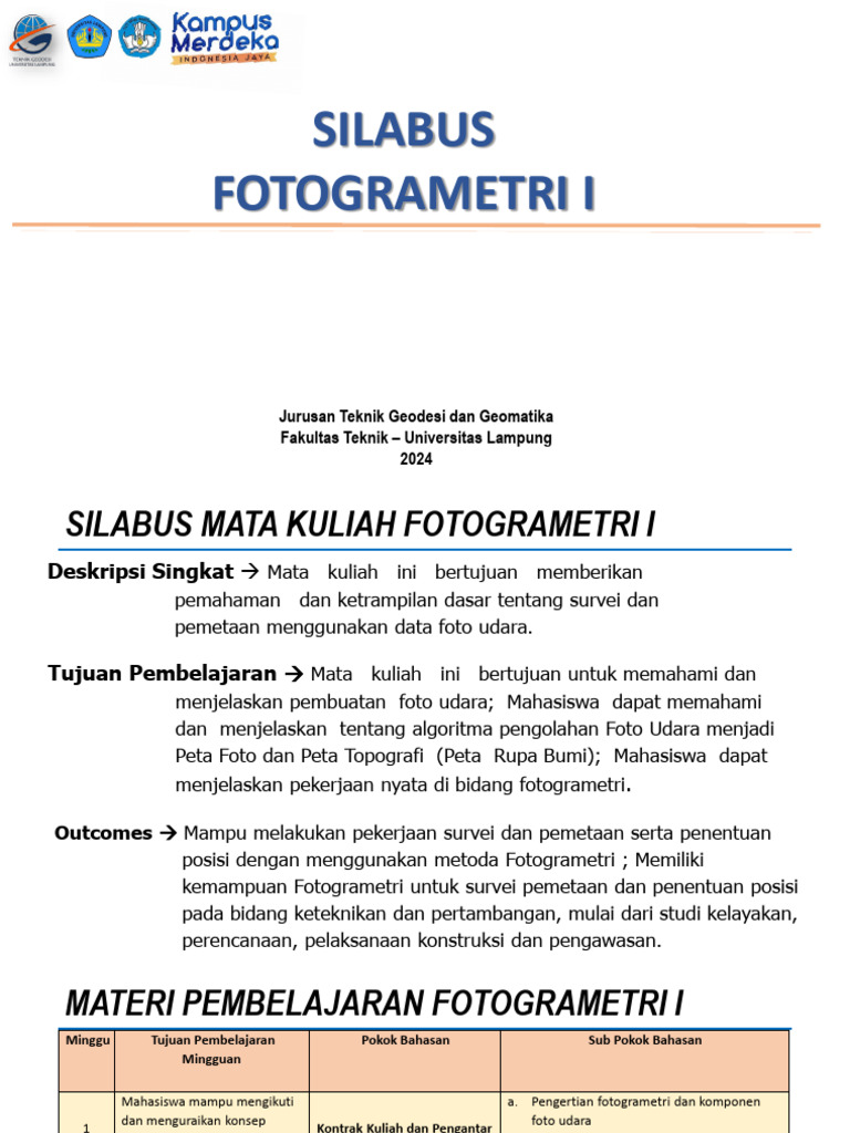 Fotogrametri I - Pertemuan 1 SILABUS FOTOGRAMETRI 1 | PDF