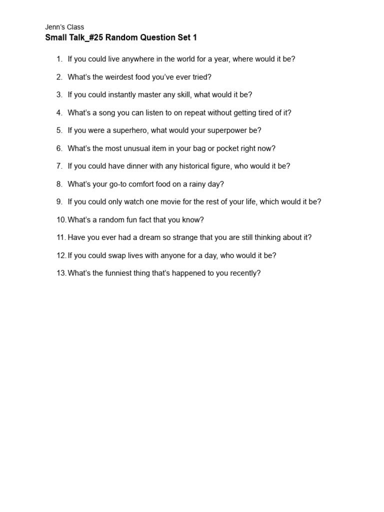 Small Talk - #25 Random Question Set 1 | PDF