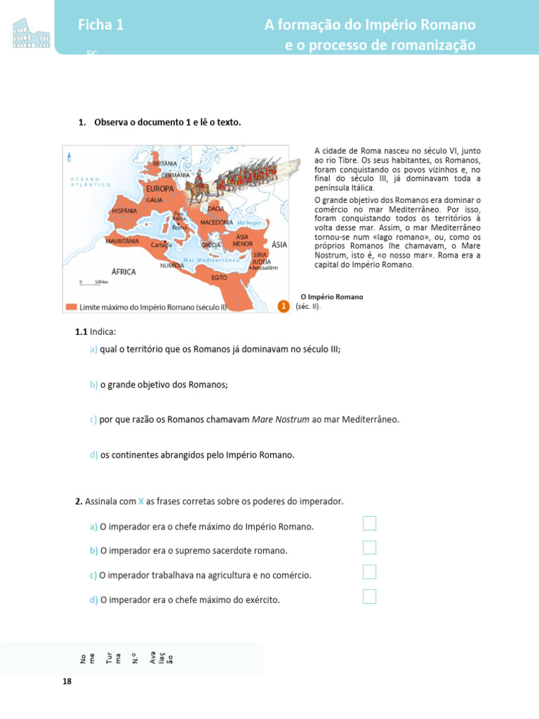 Ficha 1 - A Formação Do Império Romano e o Processo de Romanização ...