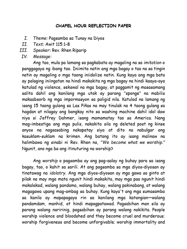 Chapel Hour Reflection Paper | PDF