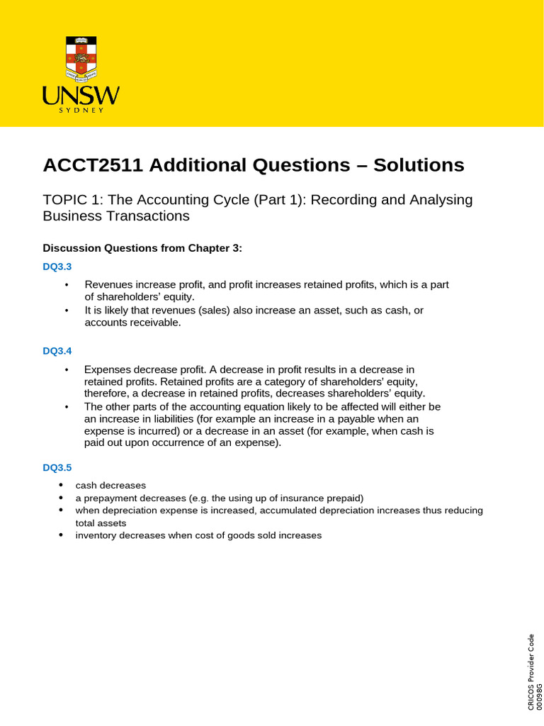 ACCT2511 Topic 1 Additional Questions - Solutions | PDF | Debits And ...