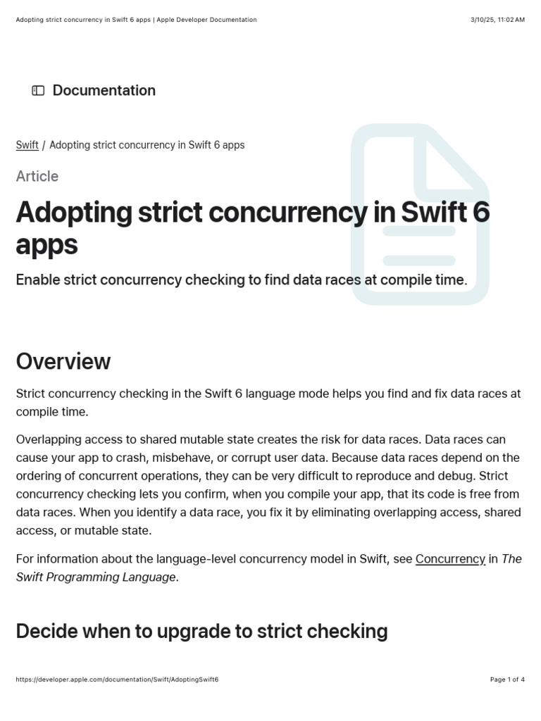 Adopting Strict Concurrency In Swift 6 Apps Apple Developer Documentation Pdf Swift