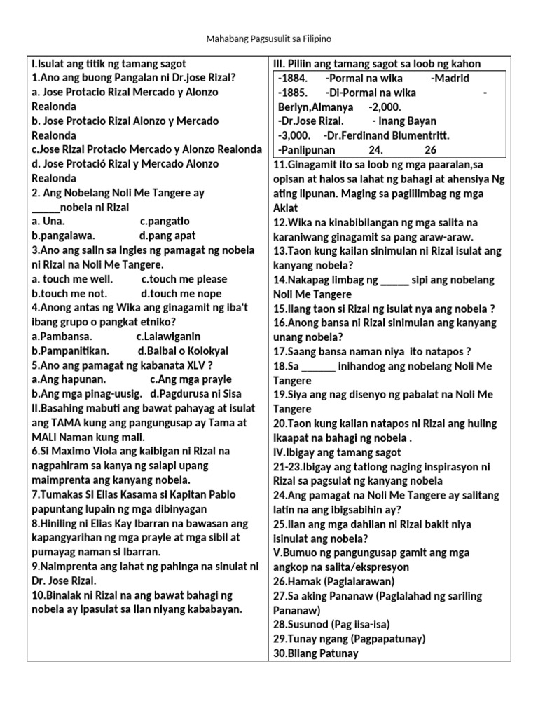 Mahabang Pagsusulit Sa Filipino | PDF