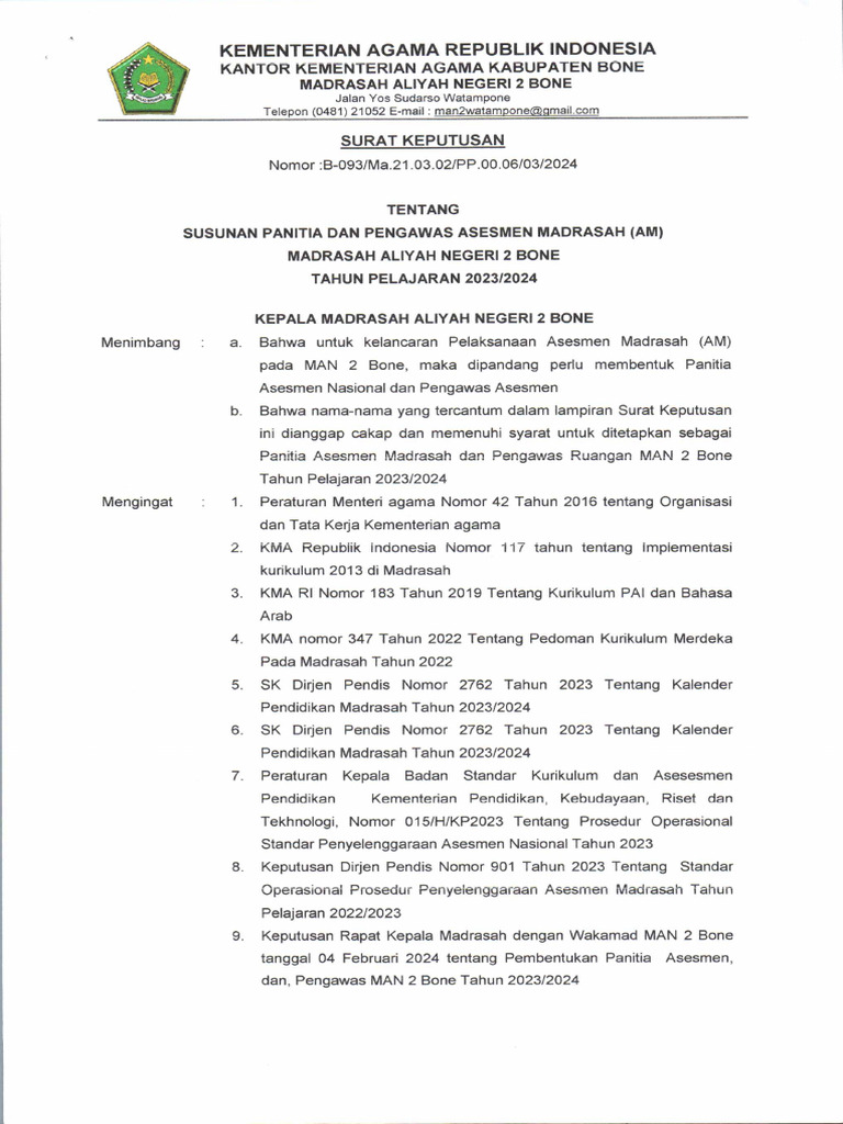 SK Panitia Dan Pengawas Assesmen 2024 | PDF