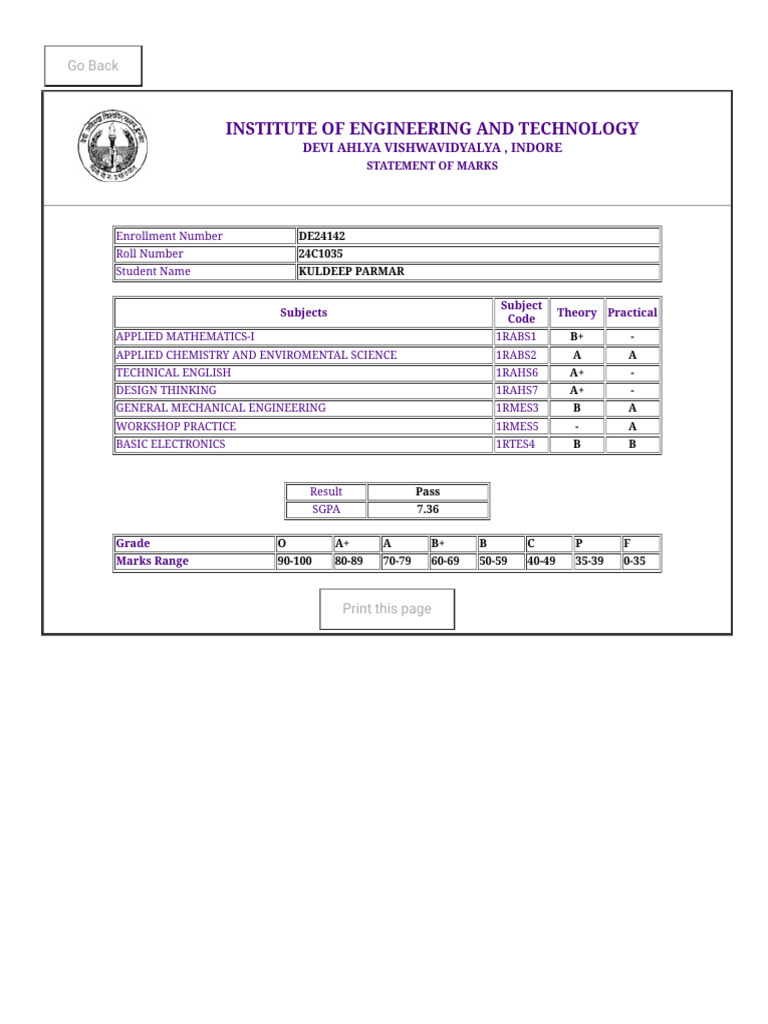 Kuldeep Parmar's Engineering Marks Statement | PDF