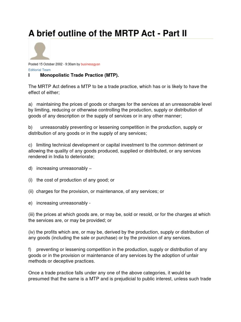 A Brief Outline of The MRTP Act | Download Free PDF | Trademark | Retail