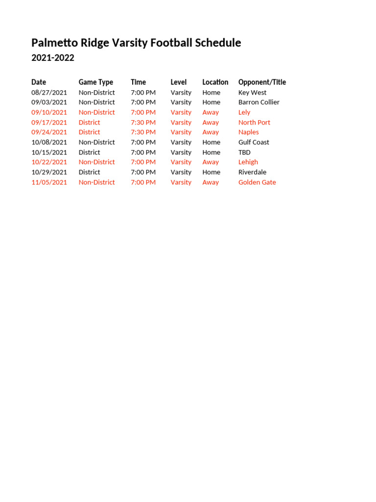 Palmetto Ridge Football Schedule 2021-22 | PDF