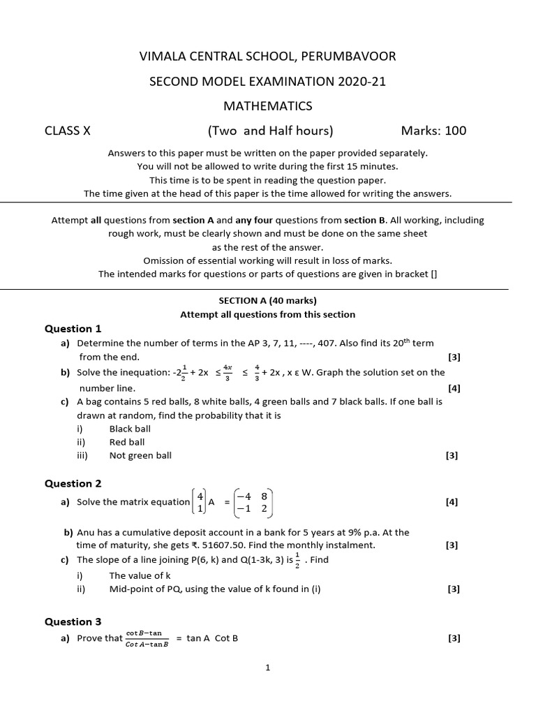 Class X Mathematics Model Exam 2020-21 | PDF | Mathematics | Applied ...