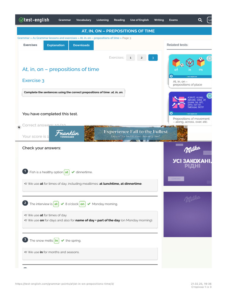 At, In, On - Prepositions of Time - Page 3 of 3 - Test-English | PDF ...