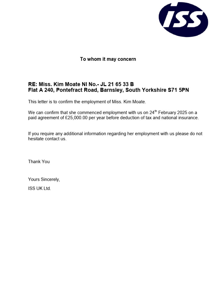 Employment Confirmation for Kim Moate | PDF
