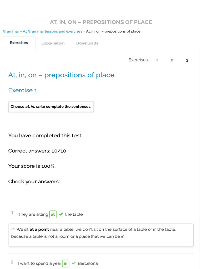 Prepositions of Place: At, In, On Test | PDF