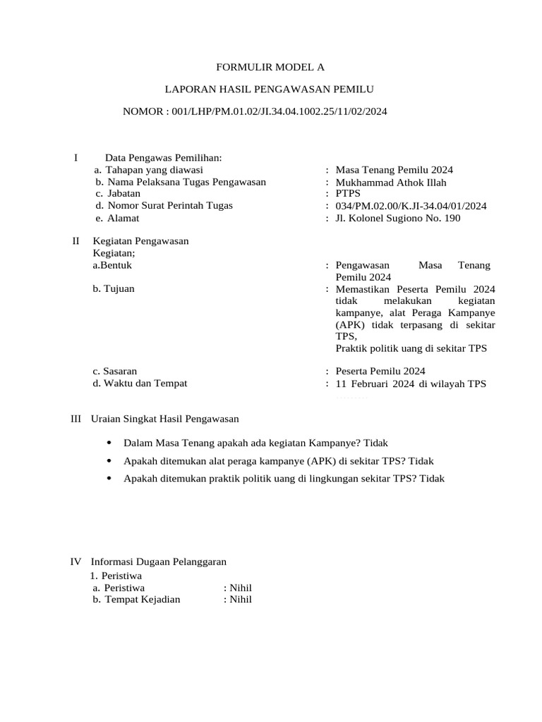 Formulir Model A Ptps 025 Masa Tenang | PDF