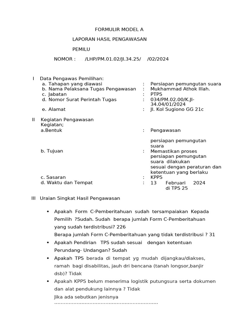 Formulir Model A Ptps 025 Persiapan Pemungutan Suara | PDF