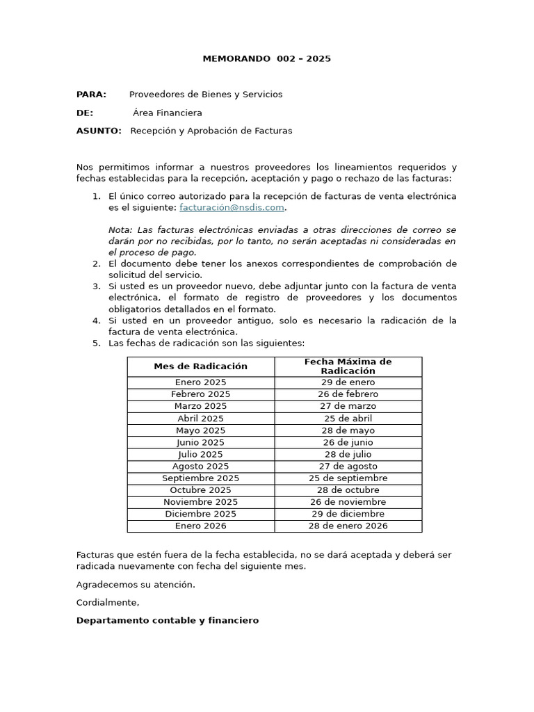 MEMORANDO INFORMATIVO PROVEEDORES | PDF