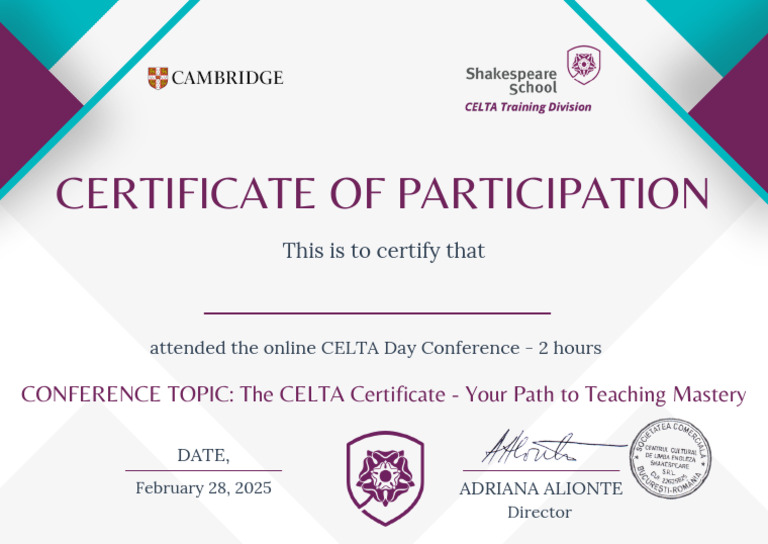 Certificate of Participation CELTA Day 28.02.2025 | PDF