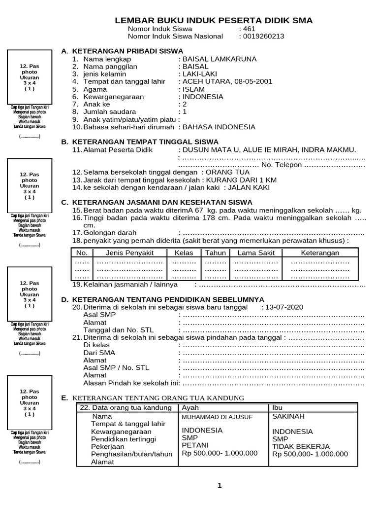 Buku Induk Siswa SMA: Contoh dan Data | PDF