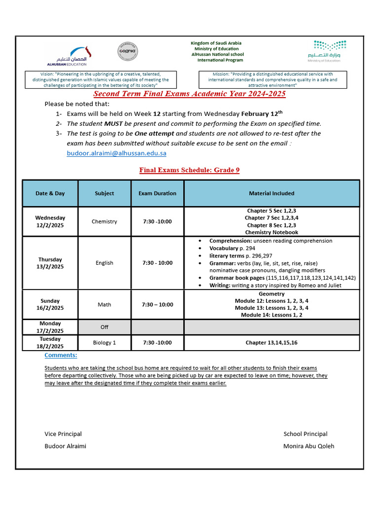 Final Exam Schedule Second Term Grade 9 | PDF | Linguistics