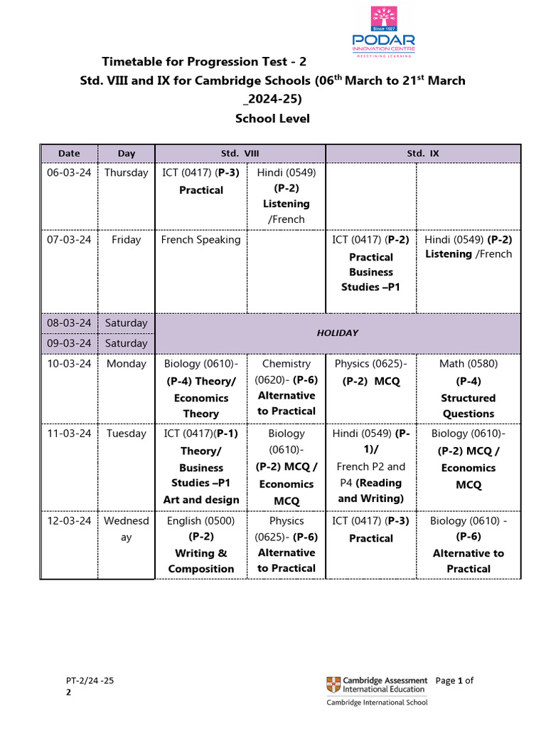 Cambridge Schools Progression Test Timetable | PDF