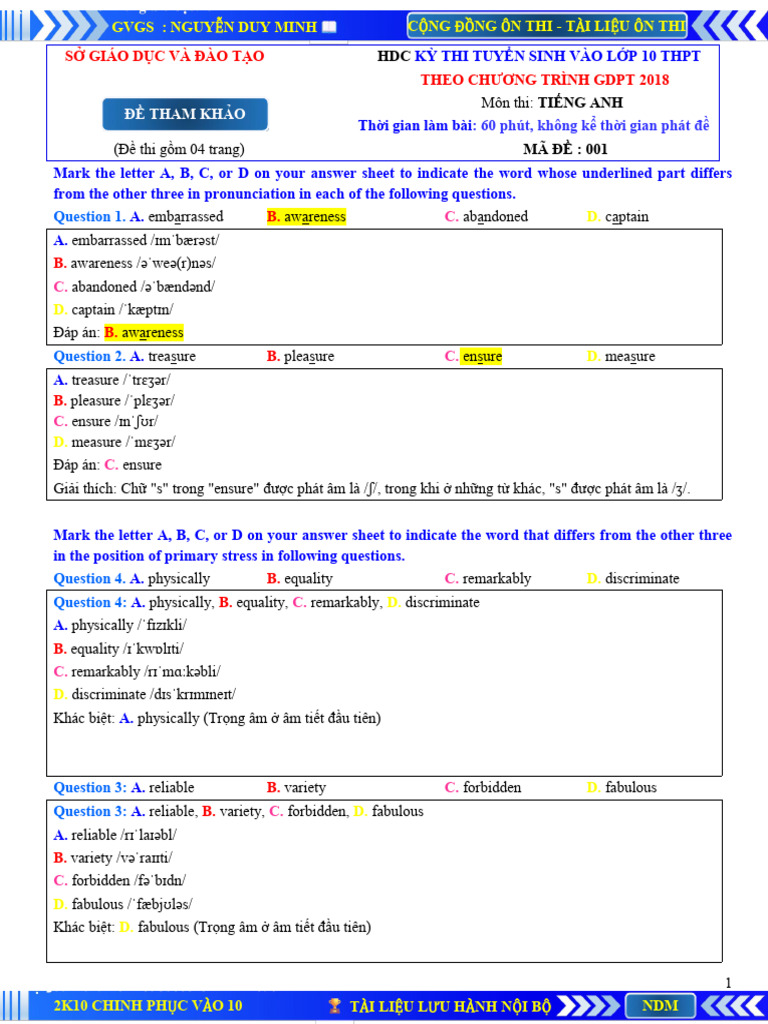[CĐOT] ĐÁP ÁN BỘ 10 ĐỀ CẤU TRÚC MỚI TIẾNG ANH VÀO 10 - DẠNG SỞ HÀ NỘI - NDM (1) | PDF