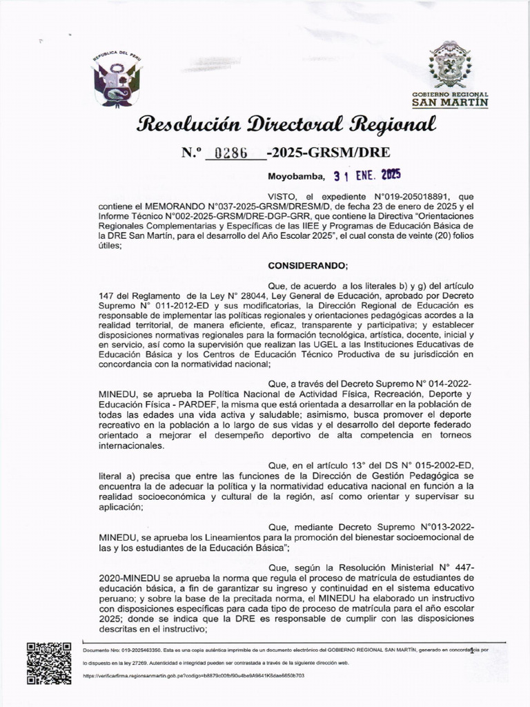 RDR N°0286-2025-Grsm-Dre - Con La Directiva PDF | PDF | Etapas educativas