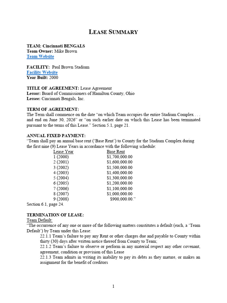 Cincinnati Bengals Lease Agreement Summary | PDF | Lease | Bankruptcy