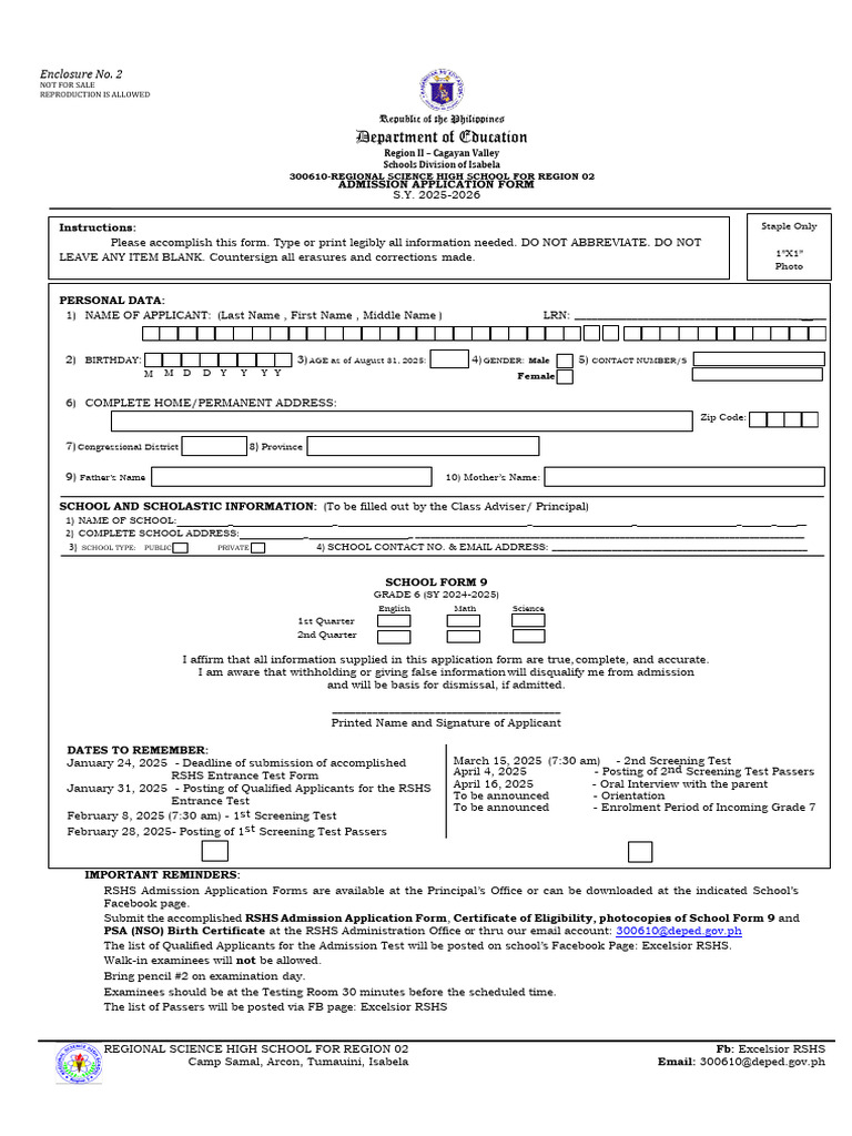 RSHS Admission Application 2025-2026 | PDF