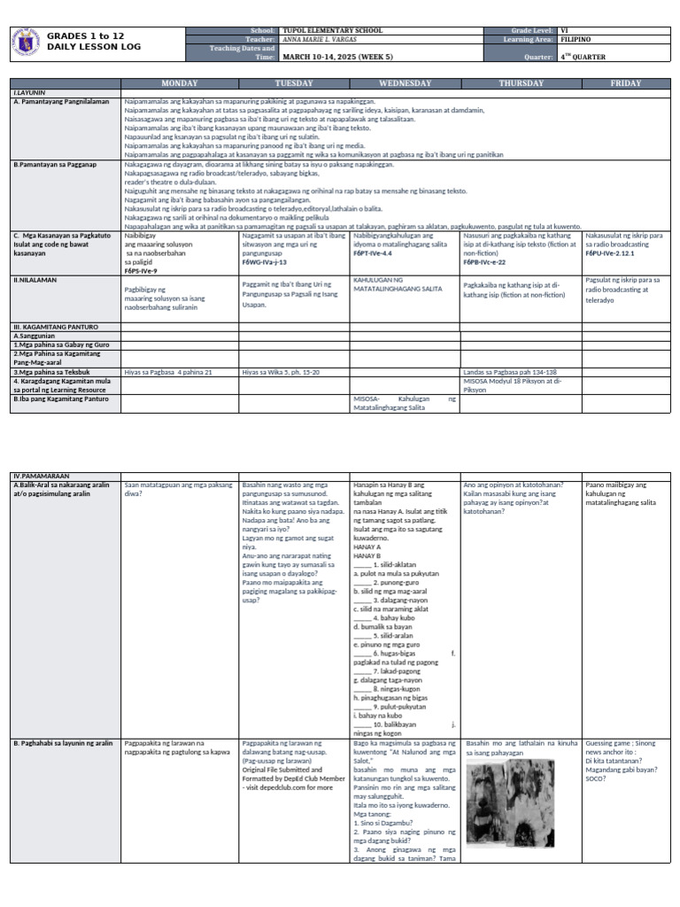 Dll Filipino 6 q4 w5 | PDF